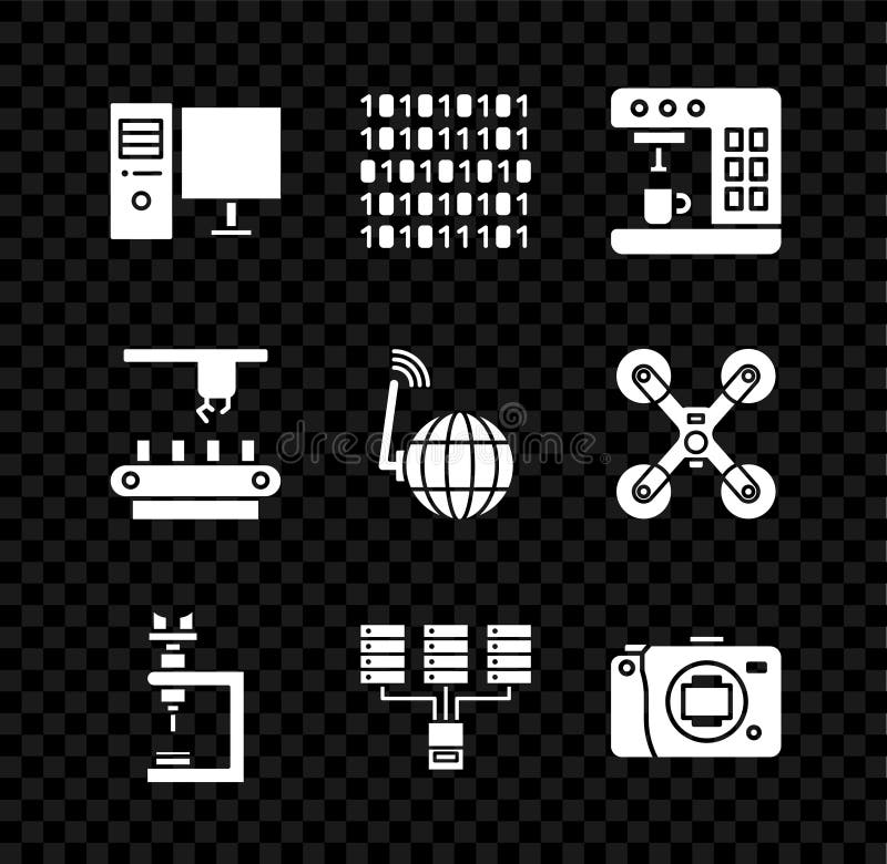 Set Computer Monitor, Binary Code, Coffee Machine, Microscope, Server ... Set Computer Monitor, Binary Code, Coffee Machine, Microscope, Server ...