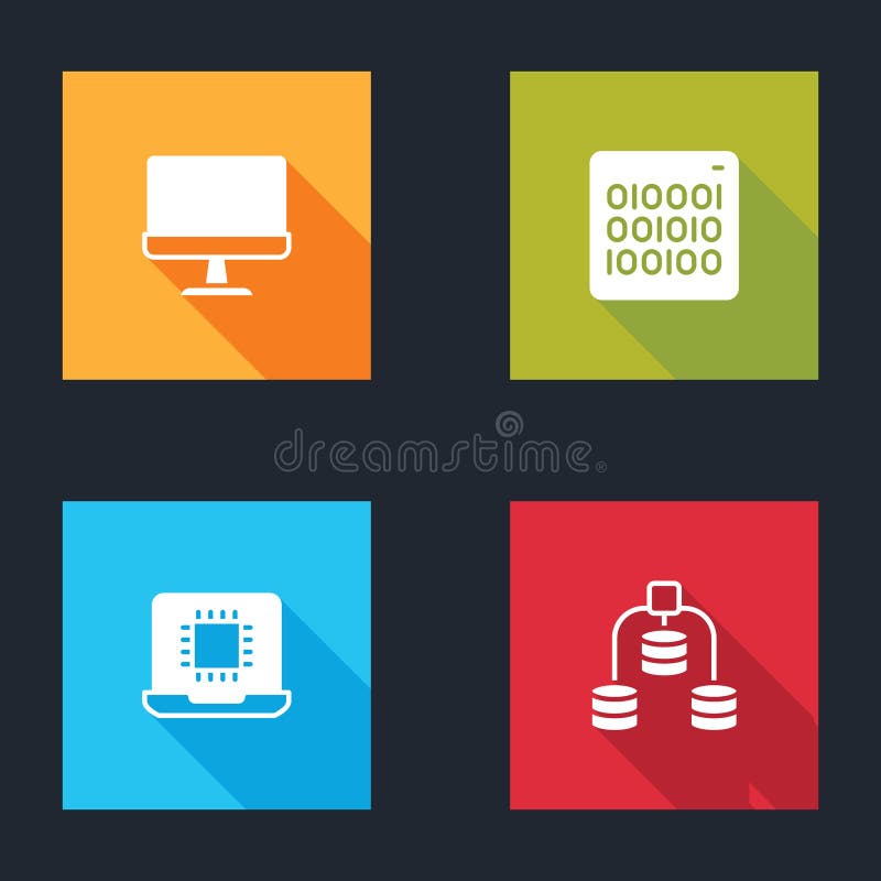 Set Computer Monitor Binary Code Processor Cpu And Server Data Icon Vector Stock Vector