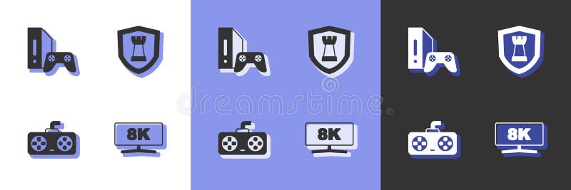 Set Computer Monitor, Game Console with Joystick, Controller and Chess Shield Icon. Vector Stock ...