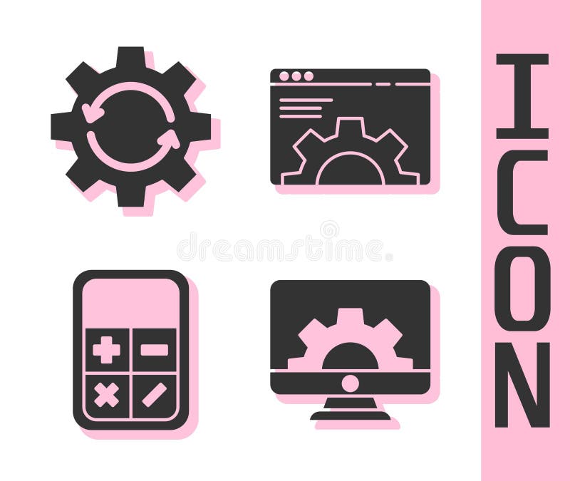 Set Computer Monitor and Gear, Gear and Arrows As Workflow, Calculator ...