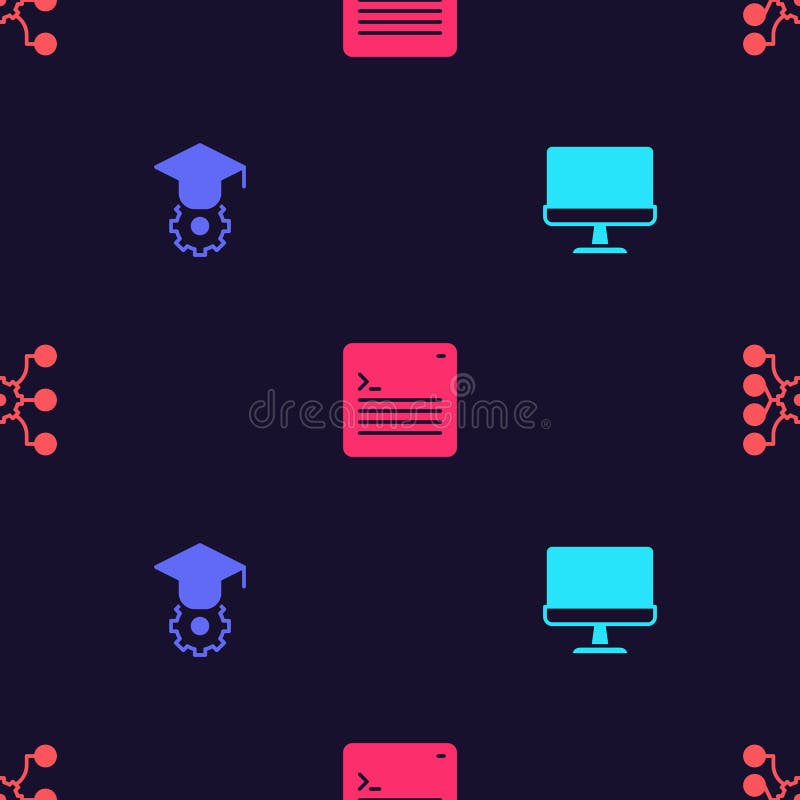 Set Computer Monitor Graduation Cap Web Developer Programming Code And Neural Network On 8899
