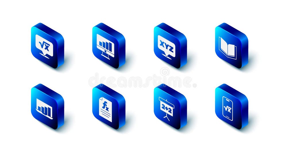 Set Computer Monitor with Graph Chart, XYZ Coordinate System, Open Book, Square Root of X Glyph ...