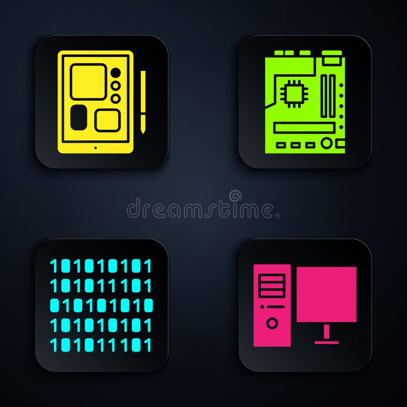 Set Computer Monitor, Graphic Tablet, Binary Code and Motherboard ... Set Computer Monitor, Graphic Tablet, Binary Code and Motherboard ...