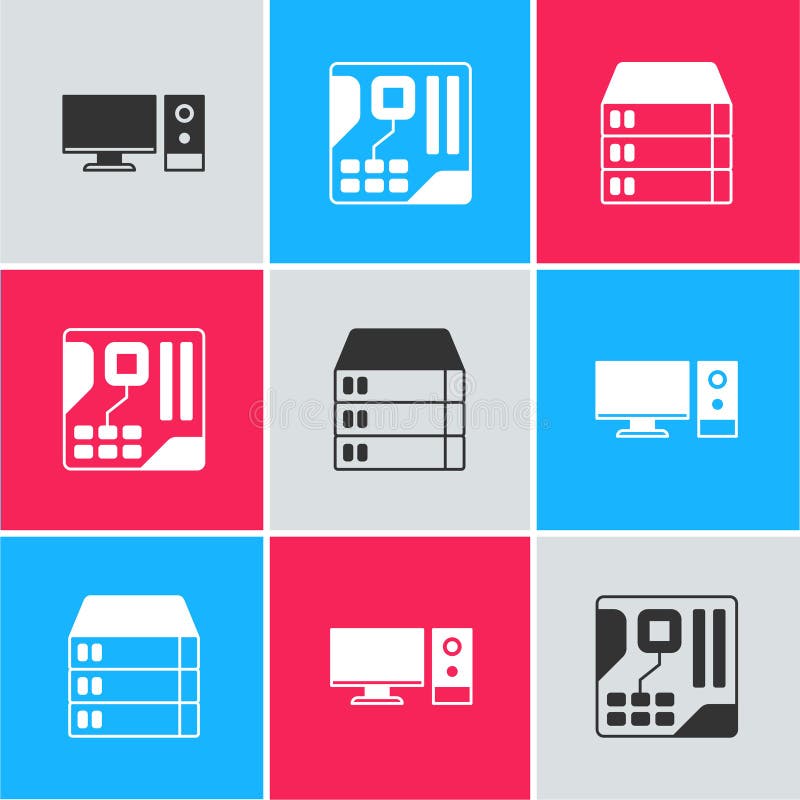 Set Computer Monitor, Motherboard Digital Chip and Server, Data, Web ...