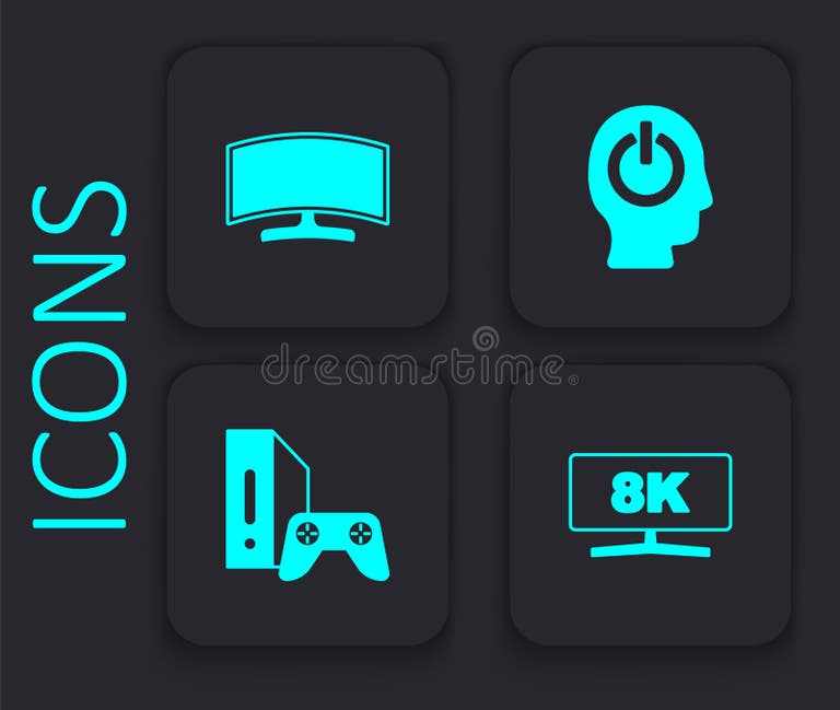 Set Computer Monitor, Power Button and Game Console with Joystick Icon. Black Square Button ...