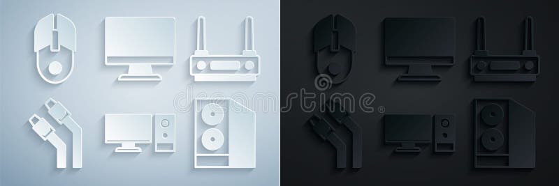 Set Computer Monitor Router And Wi Fi Signal Lan Cable Network Internet Case Of Computer