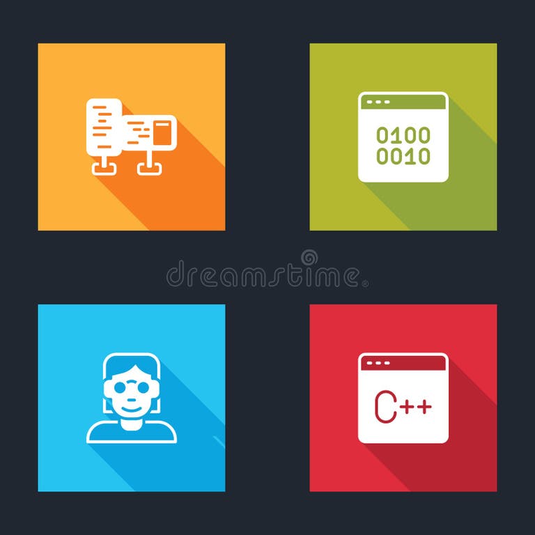 Set Computer Monitor Screen, Binary Code, Hacker Coder and Software Icon. Vector Stock ...