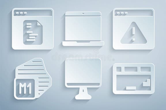 Set Computer Monitor Screen, Browser with Exclamation Mark, Processor, Keyboard, Laptop and ...