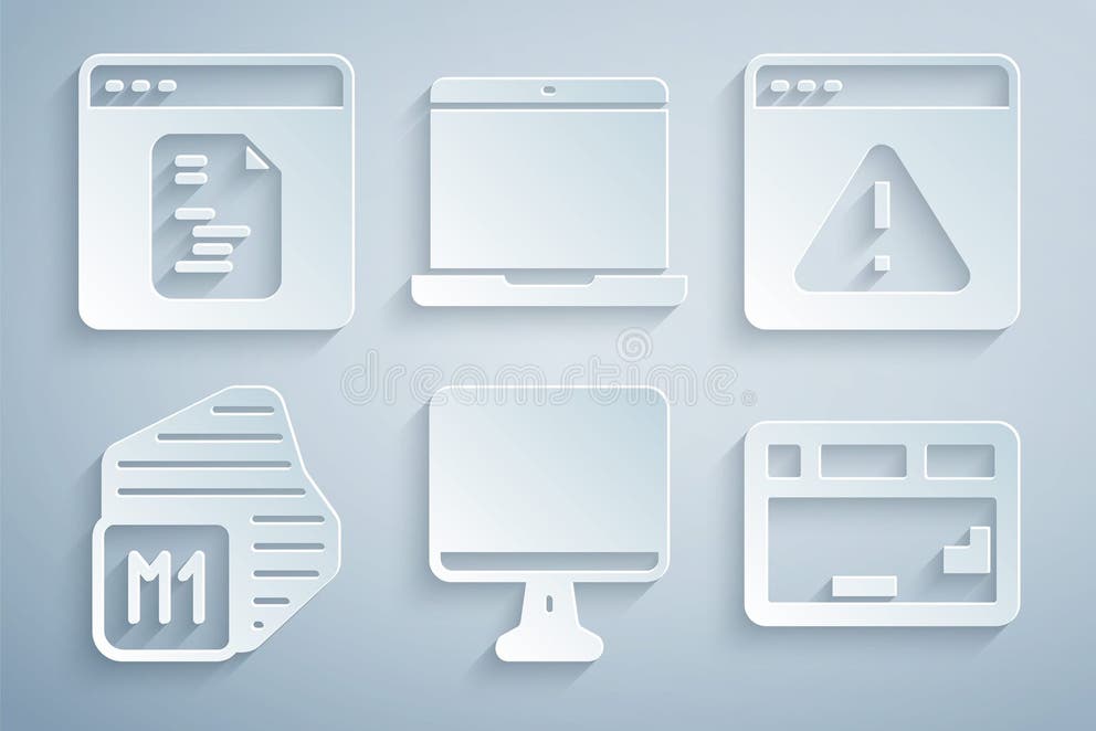 Set Computer Monitor Screen, Browser with Exclamation Mark, Processor, Keyboard, Laptop and ...