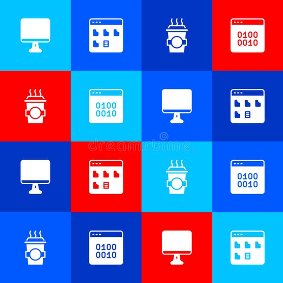 Set Computer Monitor Screen, Browser Files, Coffee Cup Go and Binary Code Icon. Vector Stock ...