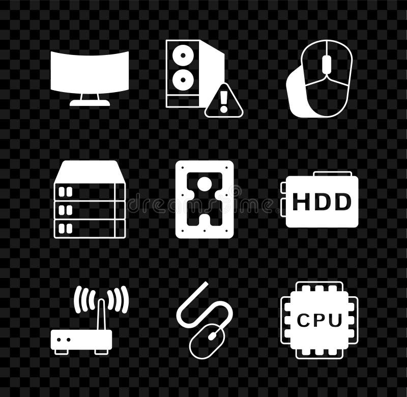 Set Computer Monitor Screen, Case of Computer, Mouse, Router and Wi-fi ... Set Computer Monitor Screen, Case of Computer, Mouse, Router and Wi-fi ...