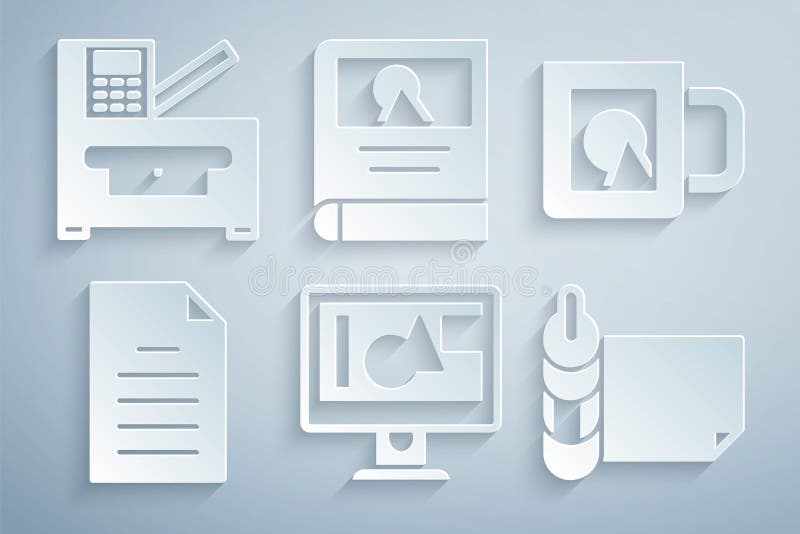 Set Computer Monitor Screen, Coffee Cup, File Document, Roll Paper ... Set Computer Monitor Screen, Coffee Cup, File Document, Roll Paper ...