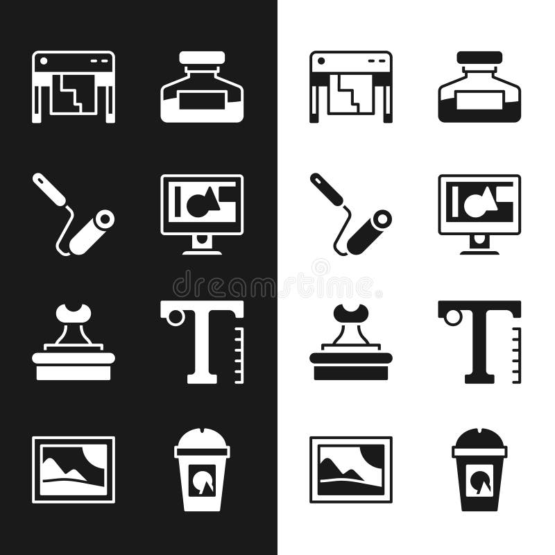 Set Computer Monitor Screen, Paint Roller Brush, Plotter, Ink Bottle ... Set Computer Monitor Screen, Paint Roller Brush, Plotter, Ink Bottle ...