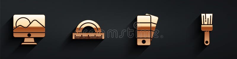 Set Computer Monitor Screen, Protractor, Palette and Paint Brush Icon ...