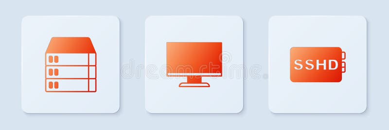 Set Computer Monitor Screen, Server, Data, Web Hosting and SSHD Card. White Square Button Stock ...