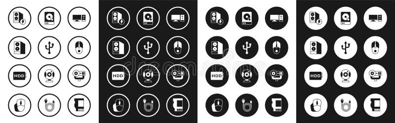 Set Computer Monitor Usb Case Of Computer Mouse Hard Disk Drive Hdd Web Camera And Icon