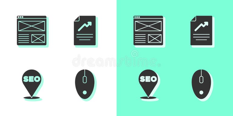 Set Computer Mouse, Browser Window, SEO Optimization and Document with Graph Chart Icon. Vector ...