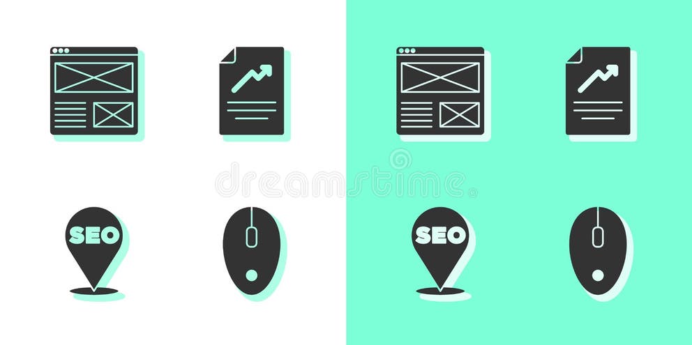 Set Computer Mouse Browser Window Seo Optimization And Document With Graph Chart Icon Vector