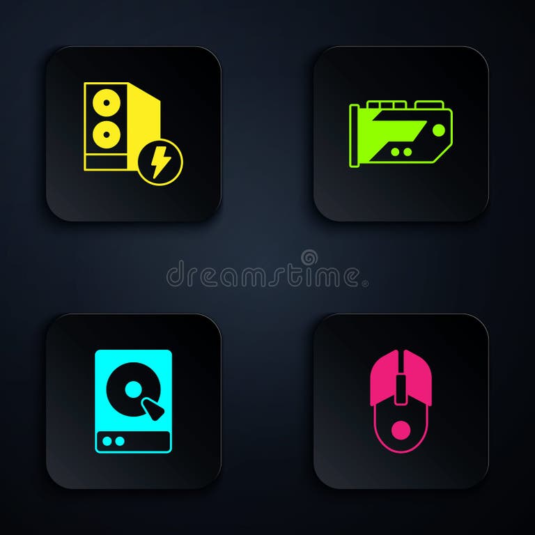 Set Computer Mouse, Case of Computer, Hard Disk Drive HDD and Video Graphic Card. Black Square ...