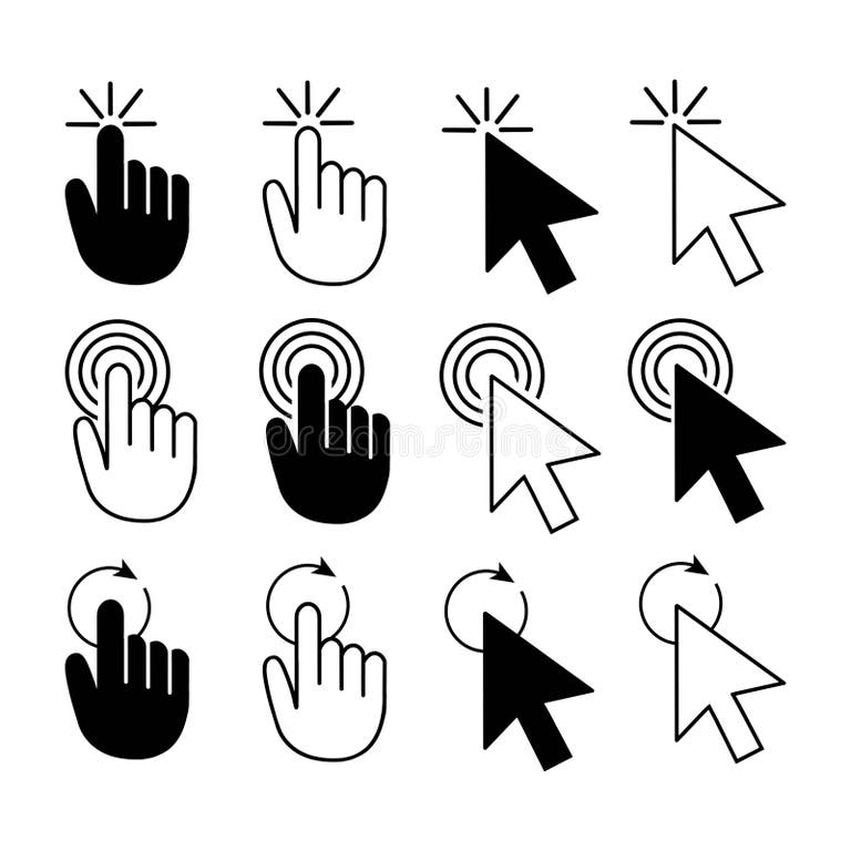 Set of Computer Mouse Cursor Pointers. Mouse Cursor Click Icons. Pointer Cursor Arrow and Hand ...