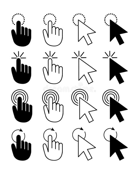 Set of Computer Mouse Cursor Pointers. Mouse Cursor Click Icons. Pointer Cursor Arrow and Hand ...