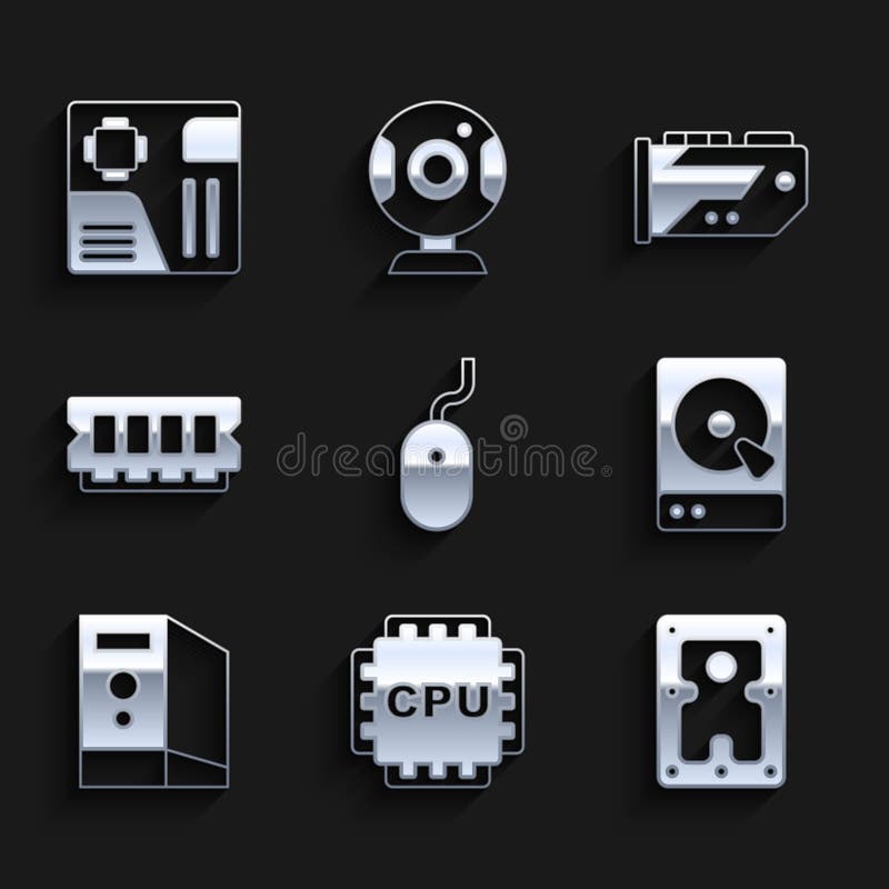 Set Computer Mouse Processor With Cpu Hard Disk Drive Hdd Case Of Computer Ram Random 6134
