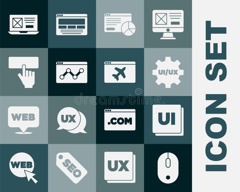 Set Computer Mouse, UI or UX Design, Website Statistic, Keyboard, and Template Icon. Vector ...