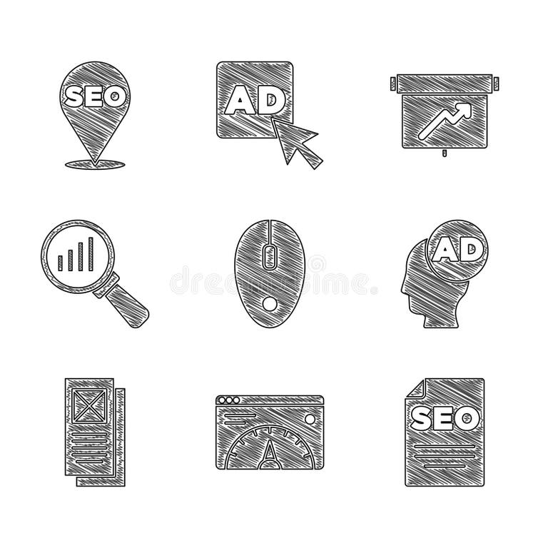 Set Computer Mouse, Website Statistic, SEO Optimization, Advertising, Browser Window, Magnifying ...