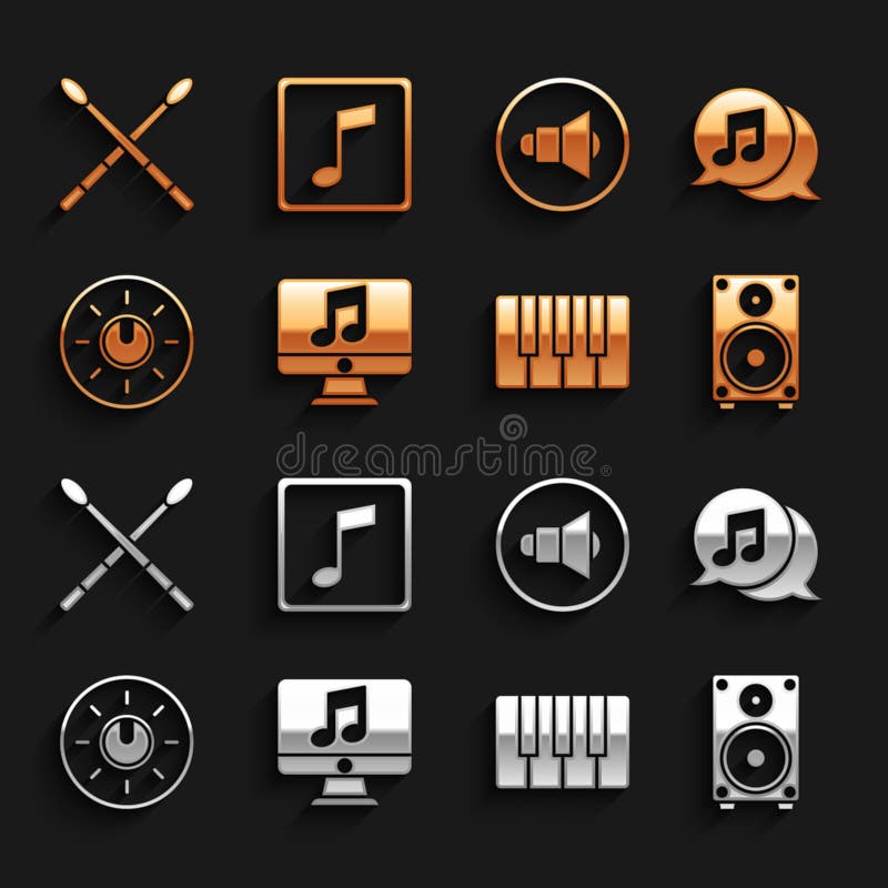 Set Computer with Music Note, Musical in Speech Bubble, Stereo Speaker ...