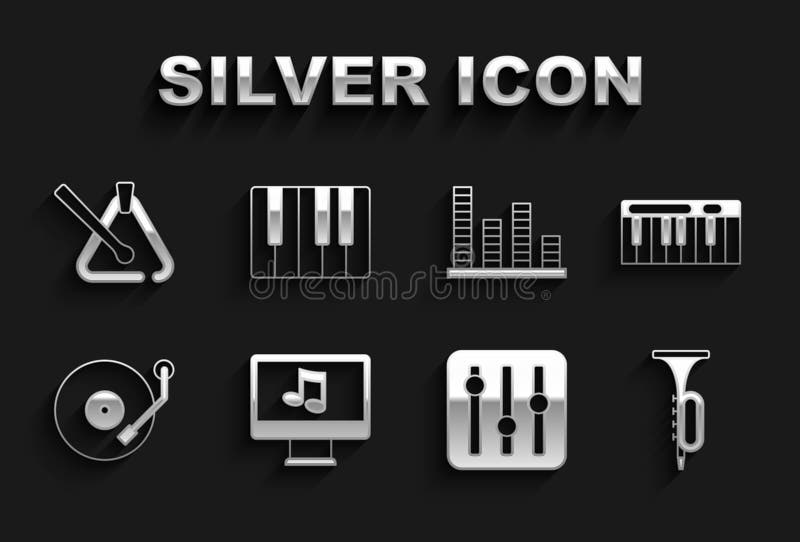 Set Computer with Music Note, Music Synthesizer, Trumpet, Sound Mixer ...