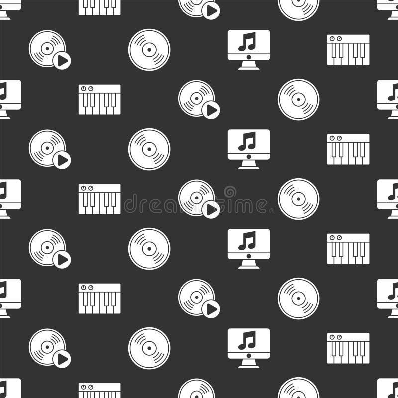 Set Computer with Music Note, Music Synthesizer, Vinyl Disk and Vinyl ...