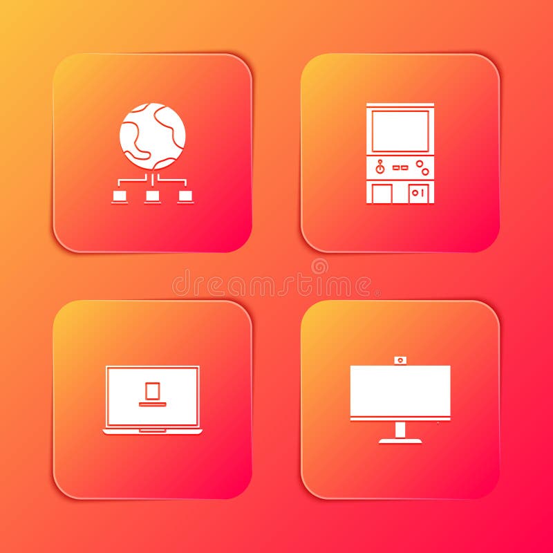 Set Computer Network, Retro Arcade Game Machine, Laptop and Monitor ...