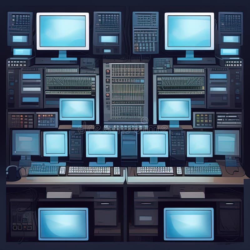 Set of Computer Screens and Screens with Different Screens on the Wall ...