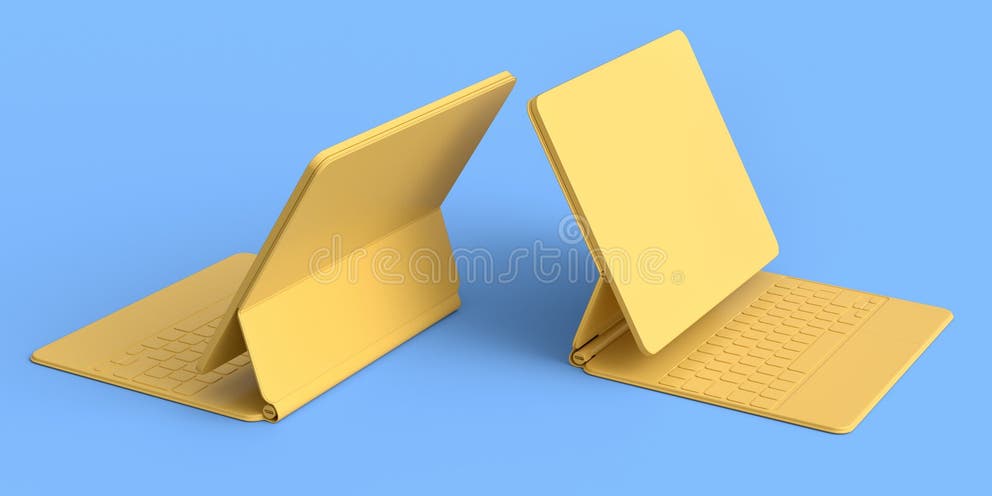 Set of Computer Tablet with Keyboard and Blank Screen Isolated on Blue ...