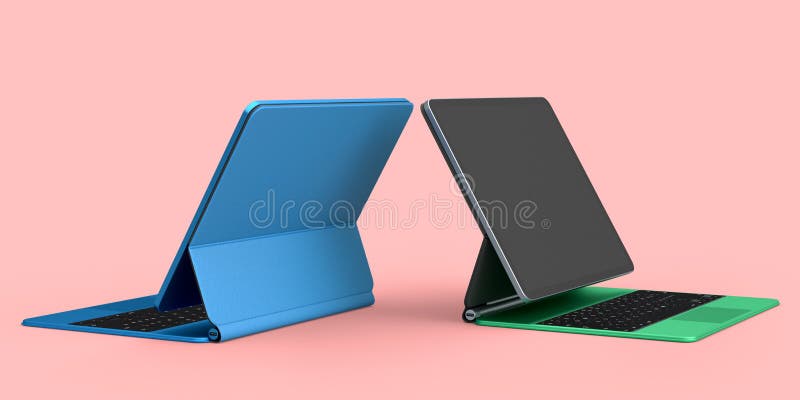 Set of Computer Tablet with Keyboard and Blank Screen Isolated on Pink ...