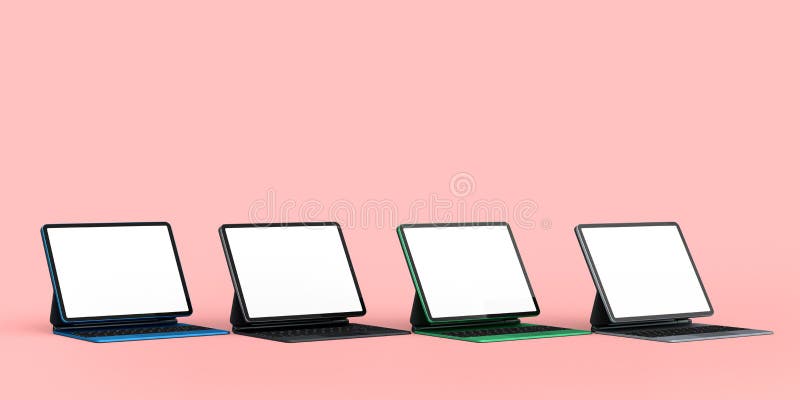 Set of Computer Tablet with Keyboard and Blank Screen Isolated on Pink ...