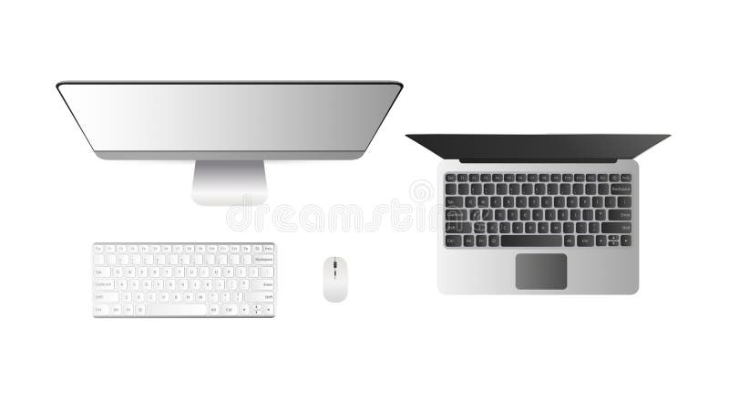 Set of Computers Top View. Desktop PC Open Laptop. Isolated on a White ...