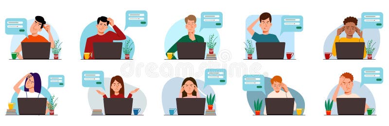 A Set of Concepts of People Thinking on a Laptop Stock Illustration ...