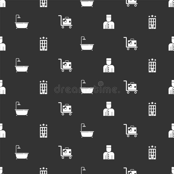 Set Concierge, Hotel Building, Bathtub with Shower and Suitcase on ...