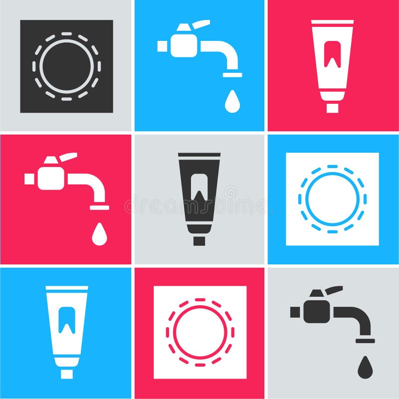 Set Condom In Package Safe Sex Water Tap And Tube Of Toothpaste Icon