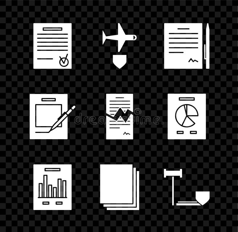 Set Confirmed Document and Check Mark, Plane with Shield, Contract Pen ...