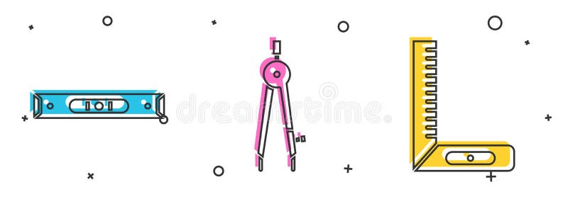 Set Construction Bubble Level, Drawing Compass and Corner Ruler Icon ...