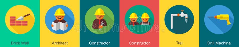 A Set of 6 Construction Icons As Brick Wall, Architect, Constructor ...