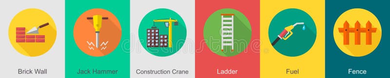 A Set of 6 Construction Icons As Brick Wall, Jack Hammer, Construction ...