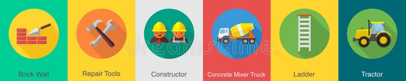 A Set of 6 Construction Icons As Brick Wall, Repair Tools, Constructor ...