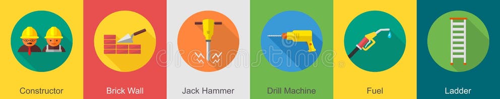 A Set of 6 Construction Icons As Constructor, Brick Wall, Jack Hammer ...