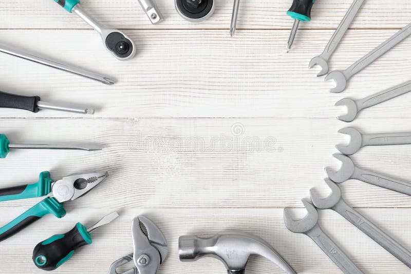 Set of Construction Instruments and Tools Placed on Wooden Surface with ...