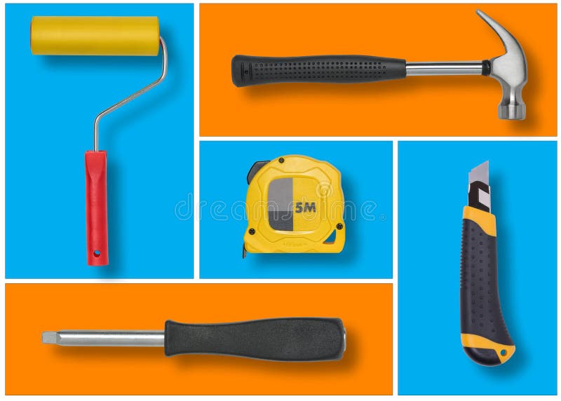 Set of Construction Tools in Blue and Orange Rectangles Like Mosaic ...