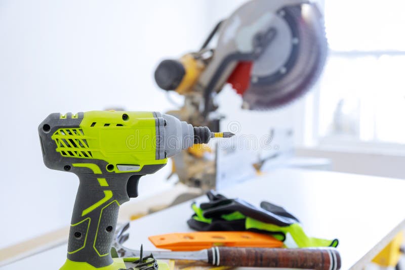 A Set of Construction Tools Cordless Screwdriver Drill Circular Saw ...