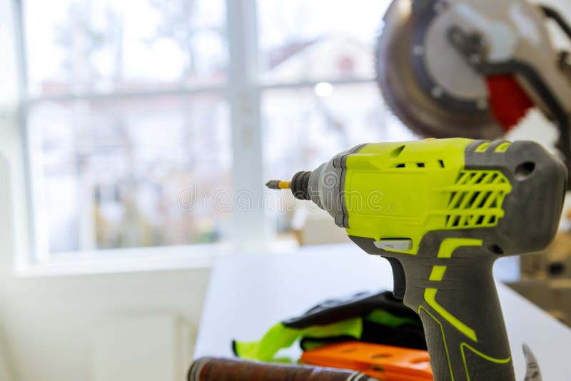 A Set of Construction Tools Cordless Screwdriver Drill Circular Saw ...